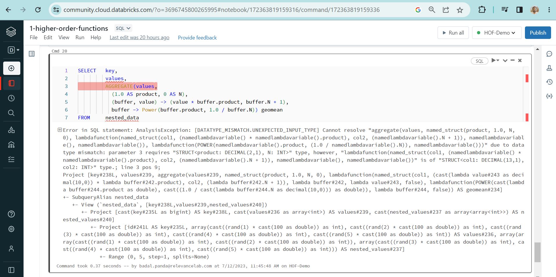 Higher Order Function Aggregate Not Working In Th Databricks